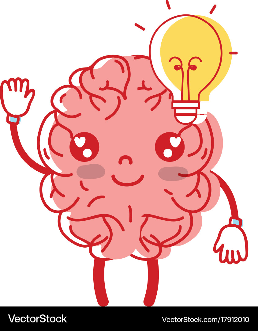Kawaii happy brain with bulb idea Royalty Free Vector Image