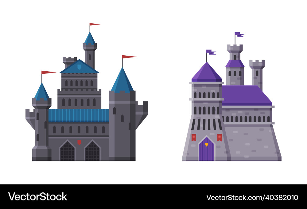Medieval castle with tall stone tower and flag Vector Image
