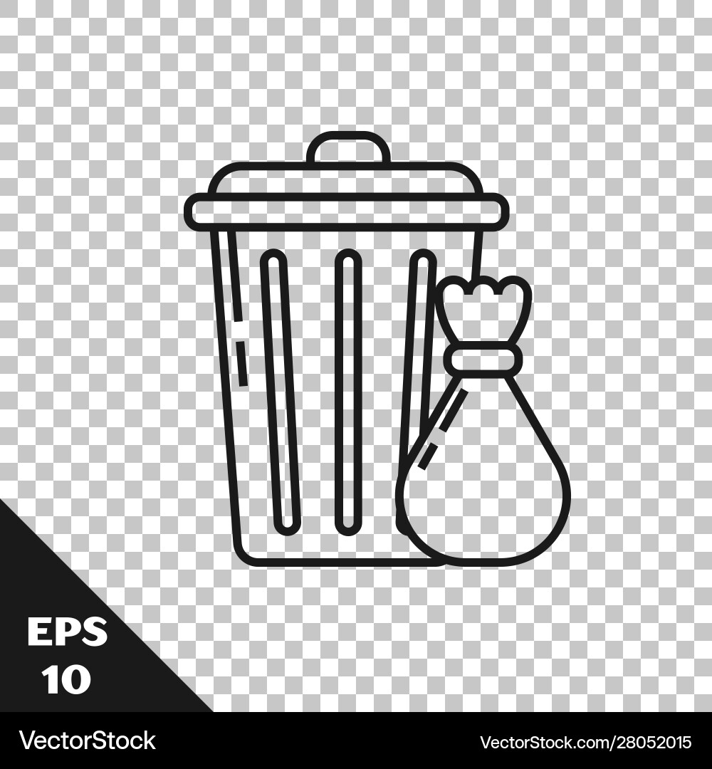 Black line trash can and garbage bag icon isolated