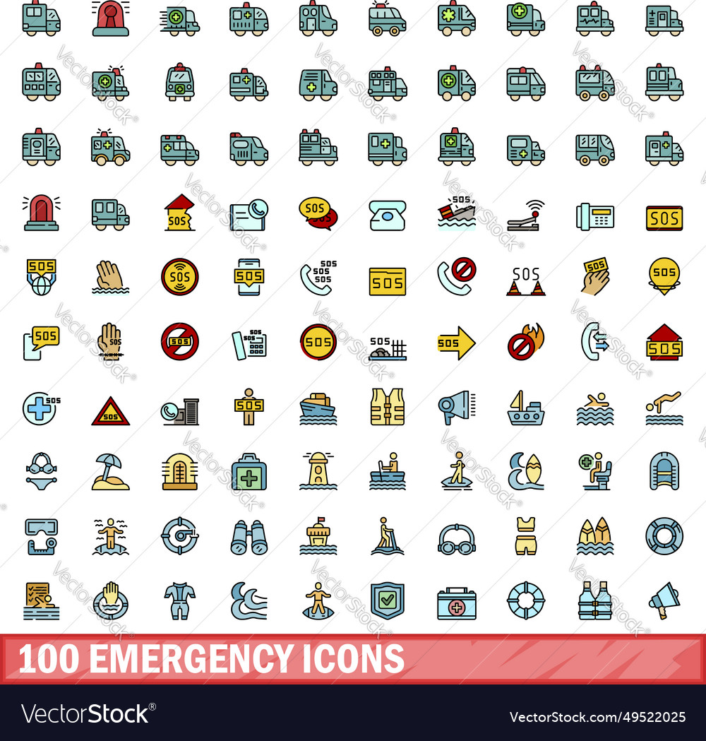 100 emergency icons set color line style Vector Image