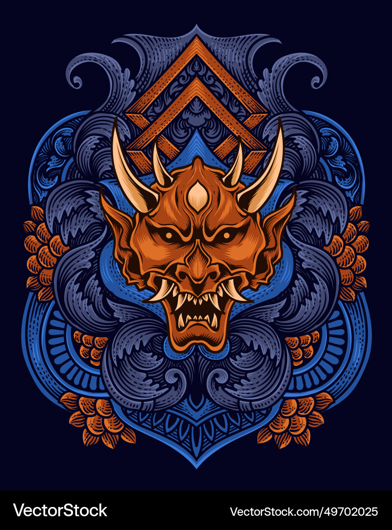 Demon mask with two sword and flower Royalty Free Vector