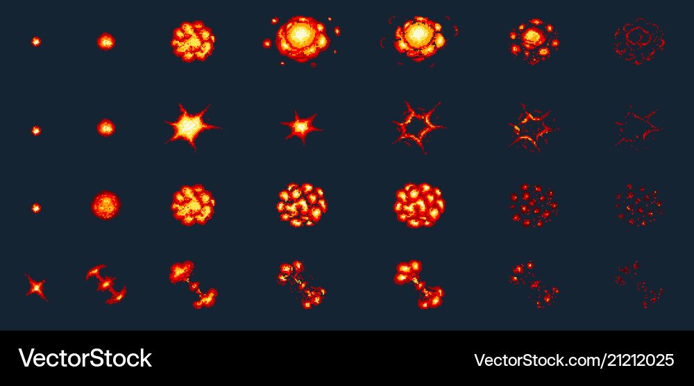 Pixel art explosions game icons set comic boom Vector Image