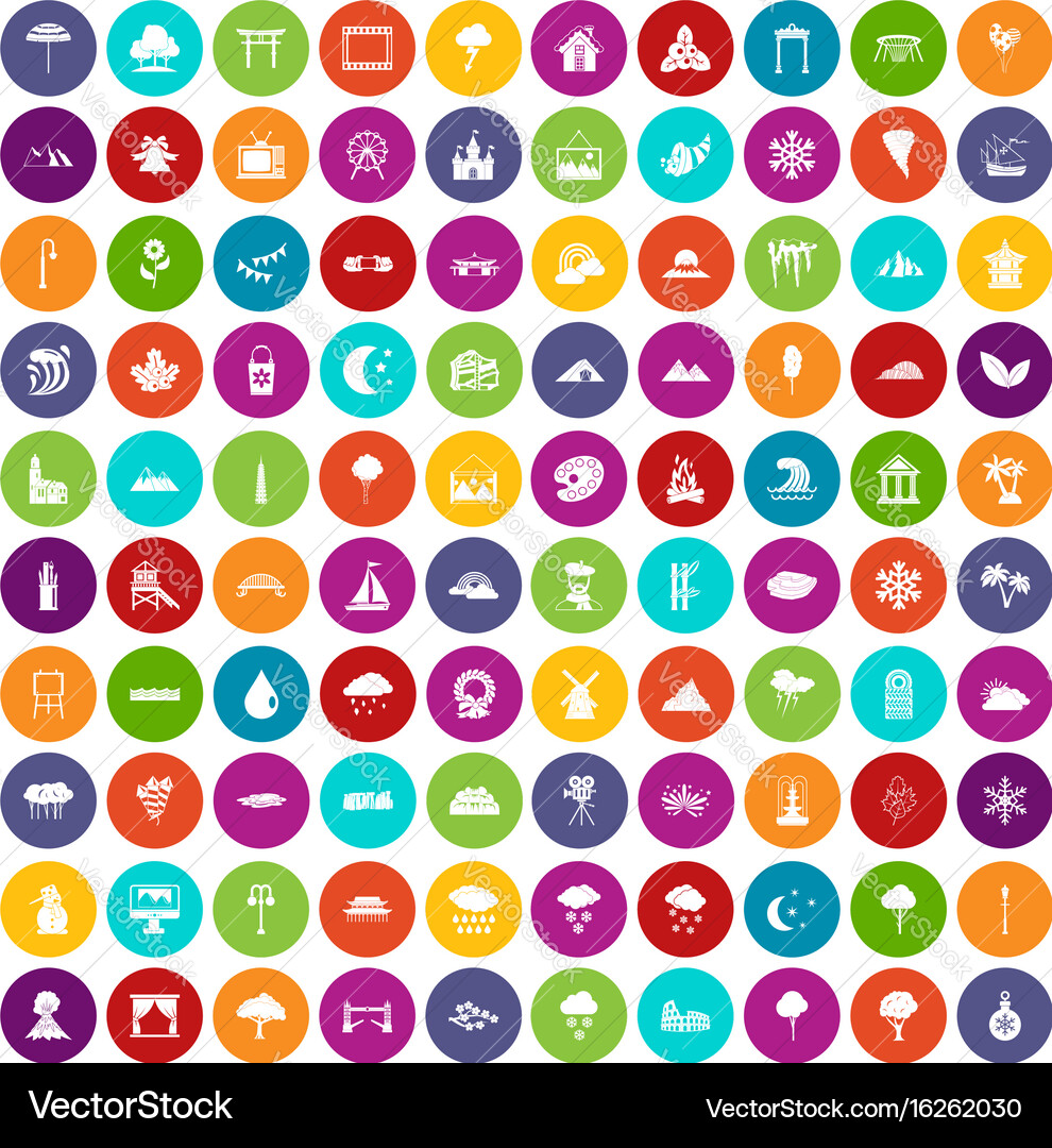 100 scenery icons set color Royalty Free Vector Image