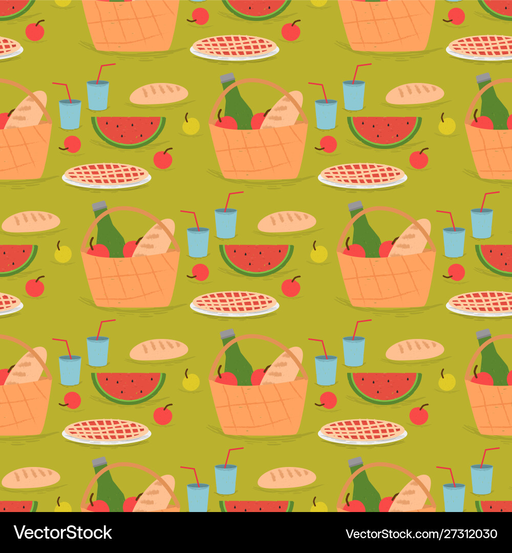 Seamless pattern picnic basket with food on grass Vector Image