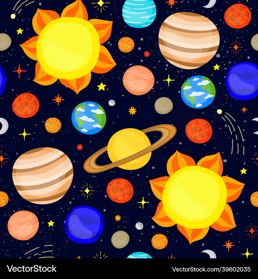 Seamless pattern with cartoon planets Royalty Free Vector