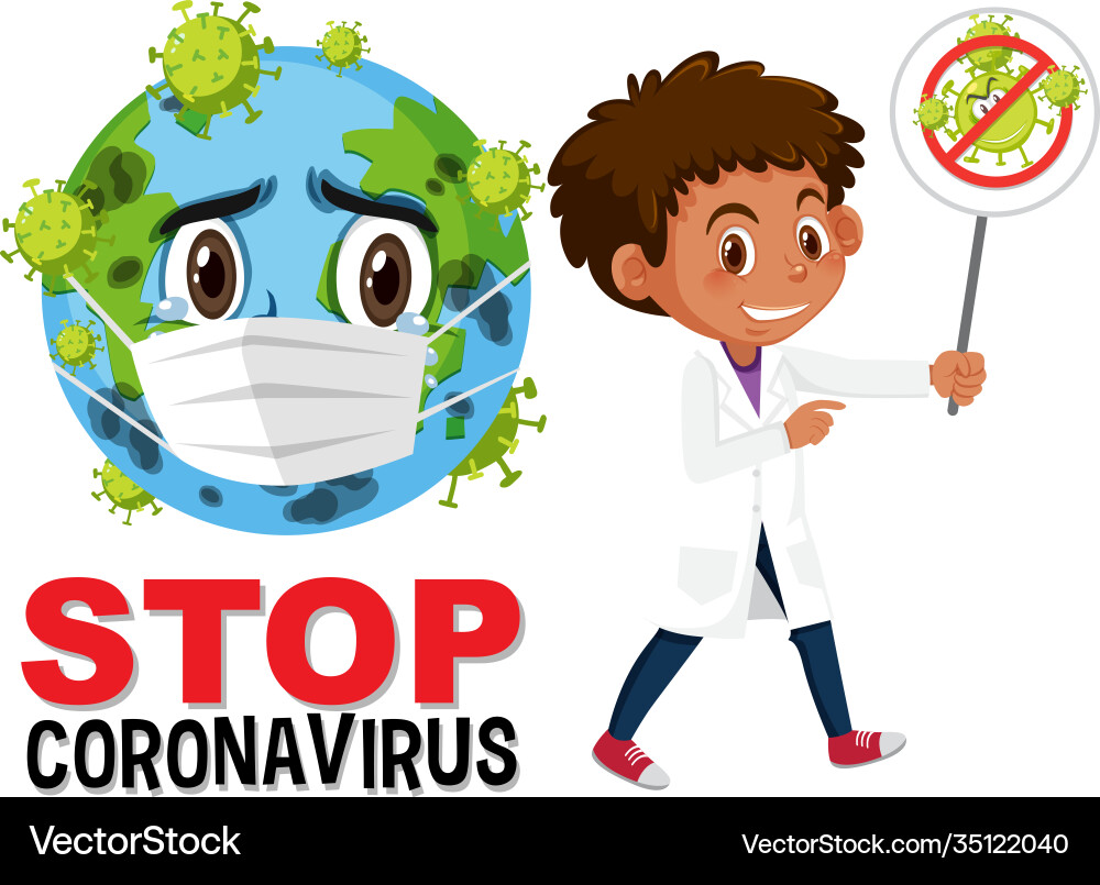 Stop coronavirus logo with earth wearing mask Vector Image