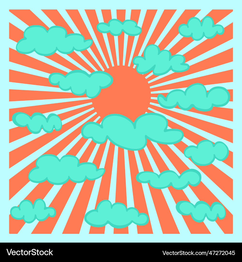 Groovy sun cloudy square banner abstract retro Vector Image