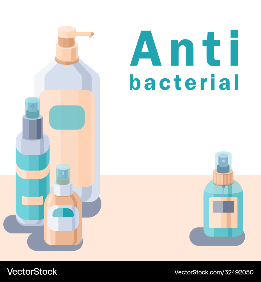Antiseptic bottles set and antibacterial text Vector Image