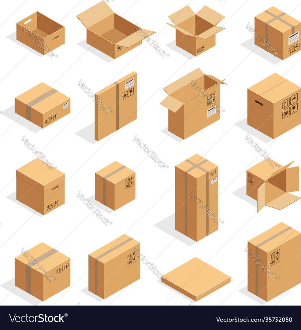 Isometric packaging boxes set Royalty Free Vector Image