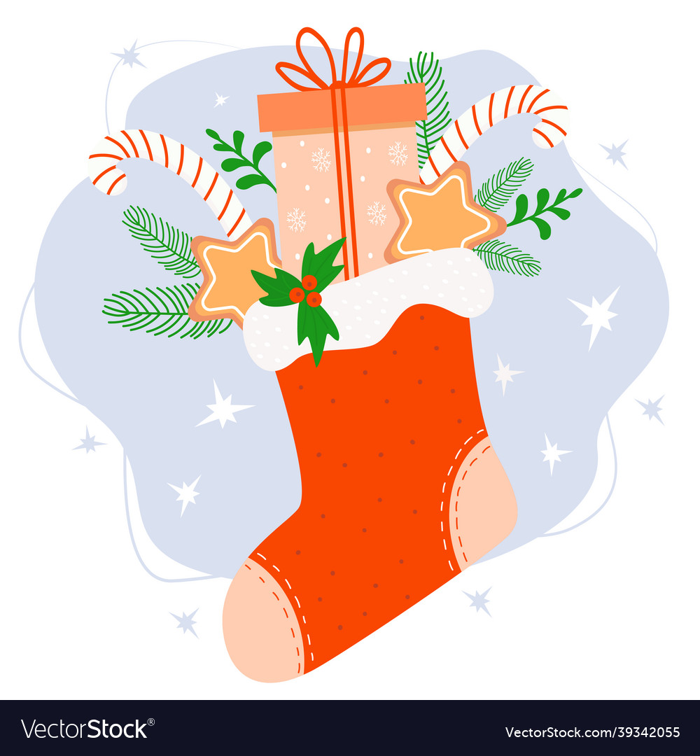 Christmas stocking with gifts gingerbread Vector Image