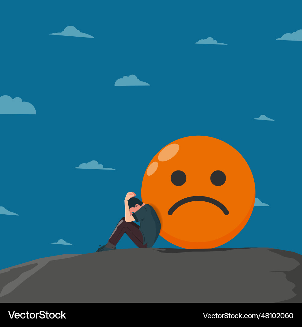 Depressed sad man with emoticon on cliff Vector Image