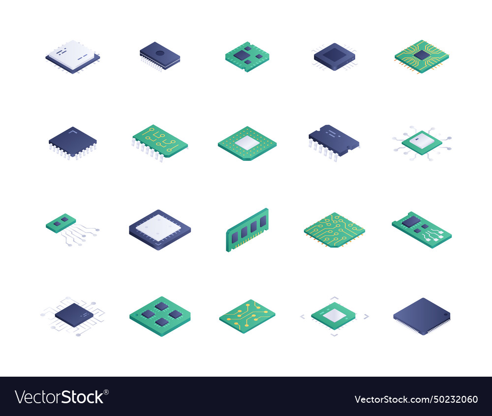 Microchips isometric icons set Royalty Free Vector Image