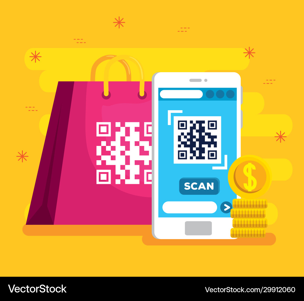 Scan qr code with smartphone and bag shopping Vector Image