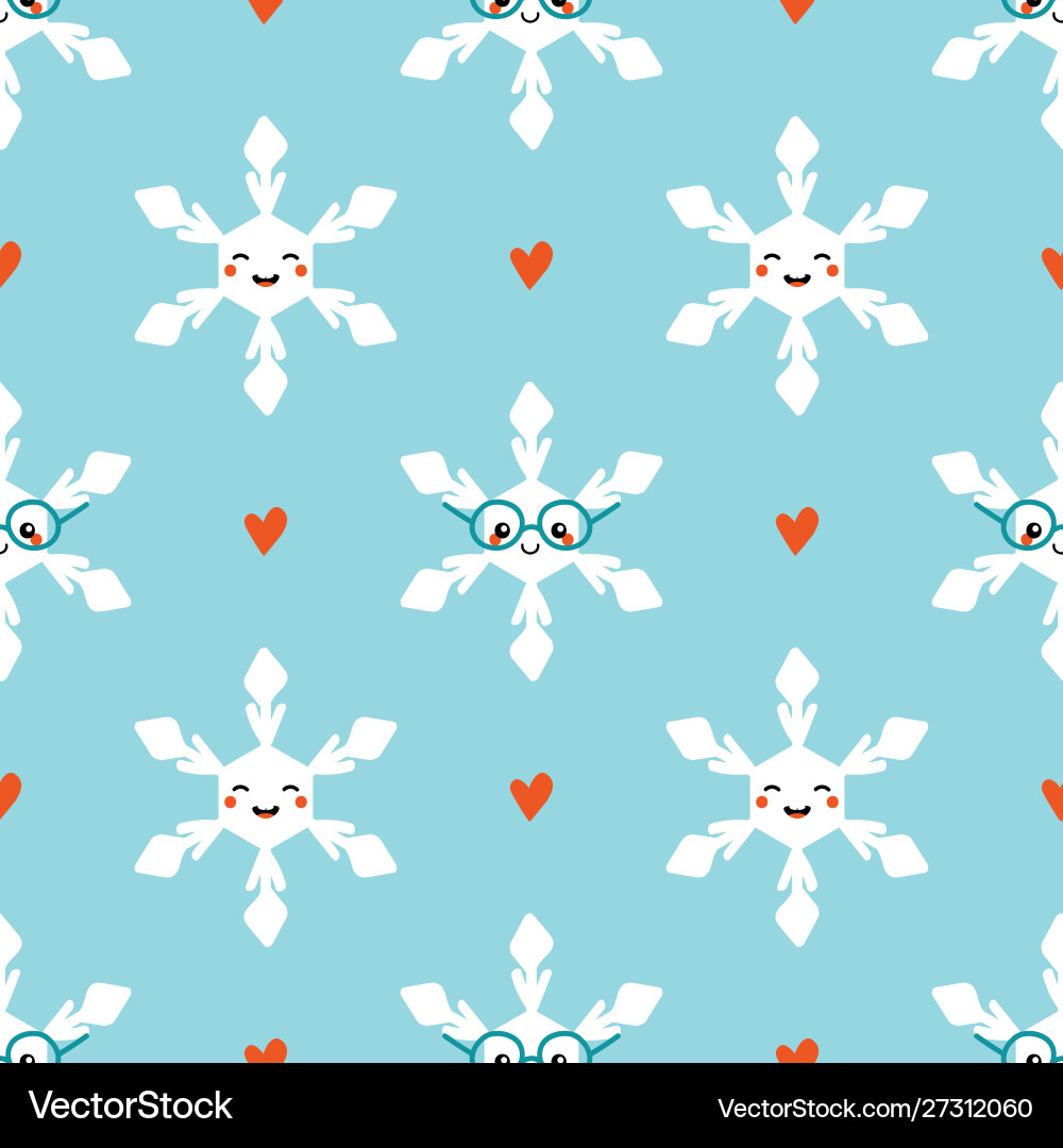 Snowflakes character and hearts seamless pattern Vector Image