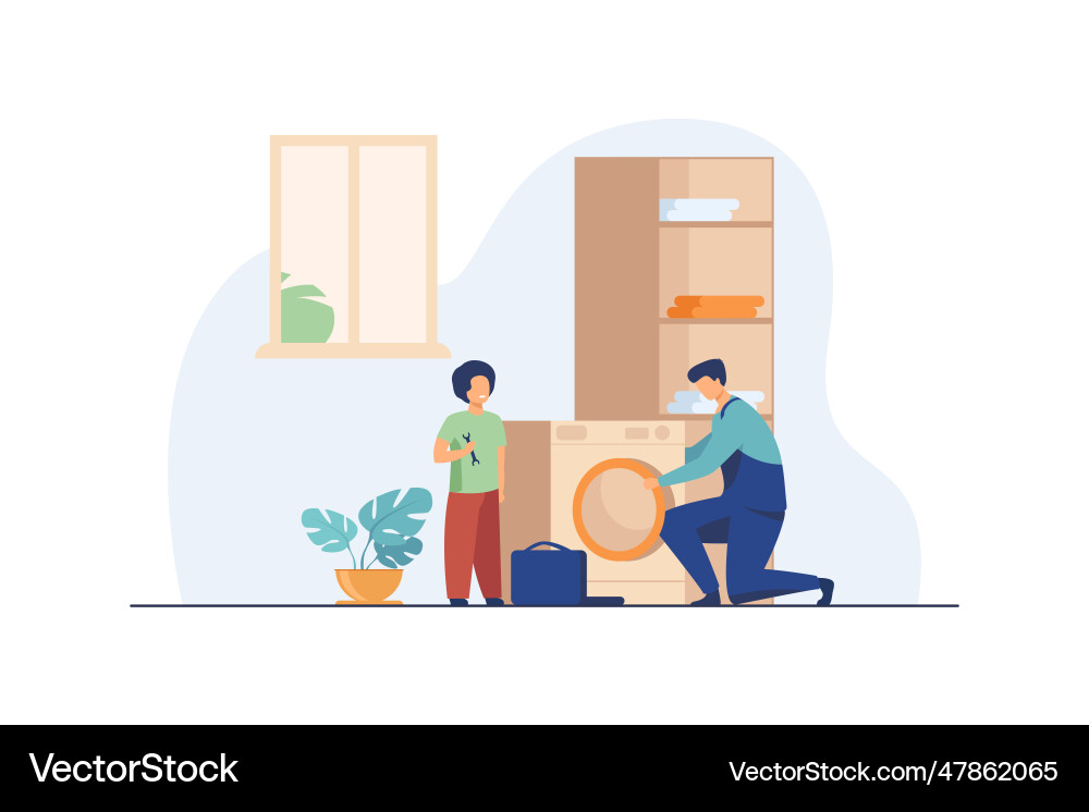 Father fixing washing machine and child helping Vector Image