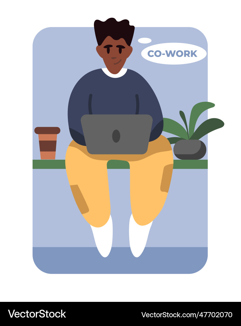 Young man sitting and holding laptop thinking Vector Image