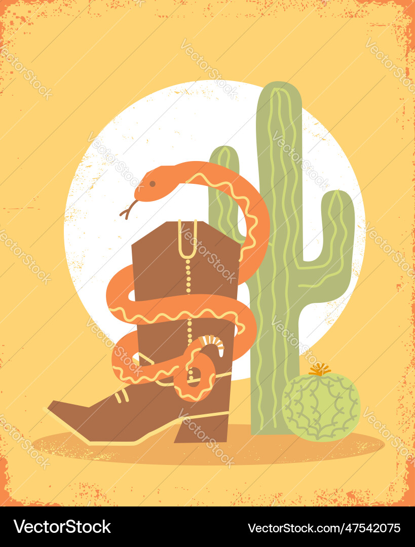 Cowboy boot and snake on old paper cactuses Vector Image