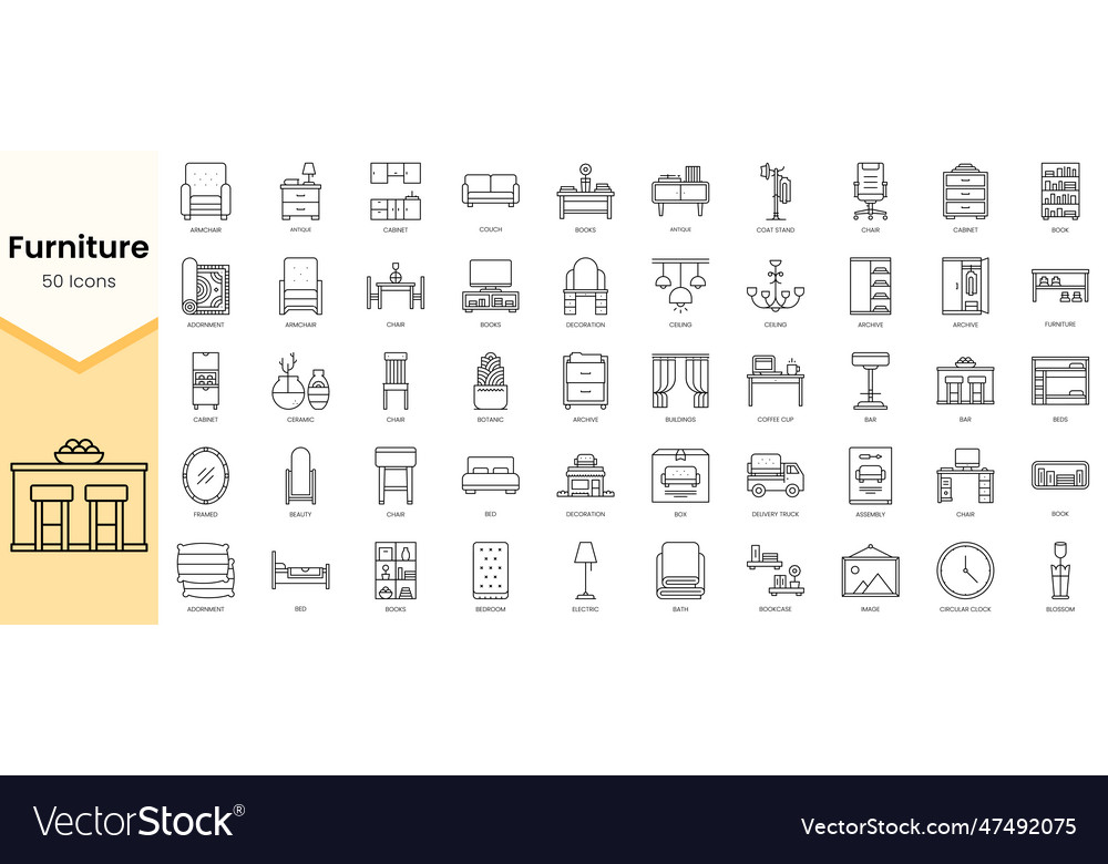 Simple outline set offurniture icons linear style Vector Image