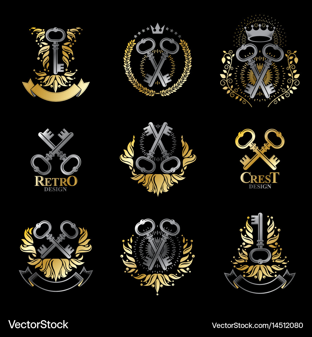 Ancient keys emblems set heraldic coat of arms Vector Image
