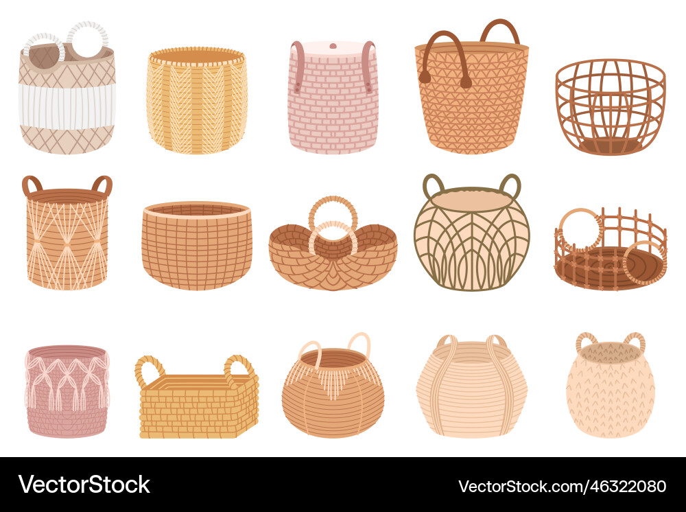 Set of woven wicker baskets ranging in size Vector Image