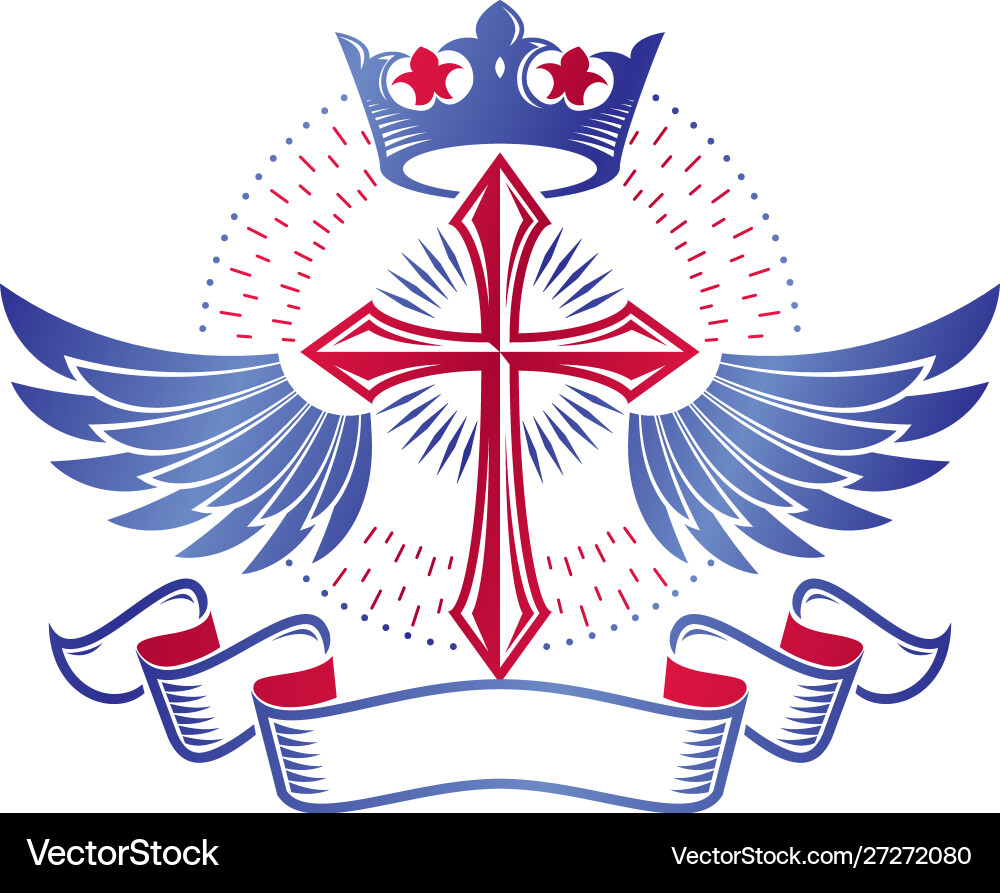 Winged christian cross emblem composed with royal Vector Image