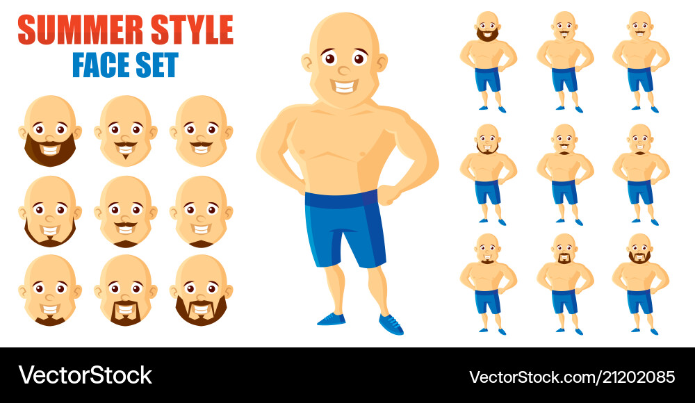 Summer style man face set cartoon character Vector Image