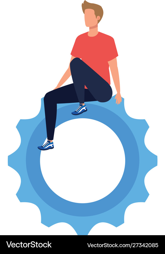 Young man sitting in gear pinion Royalty Free Vector Image