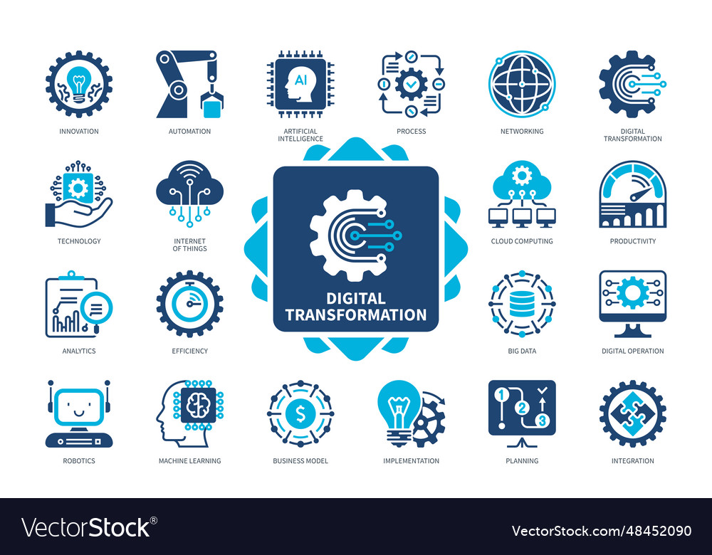 Digital transformation solid icon set Royalty Free Vector