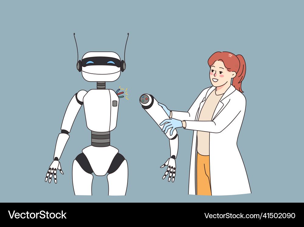Woman work with ai robot in office Royalty Free Vector Image