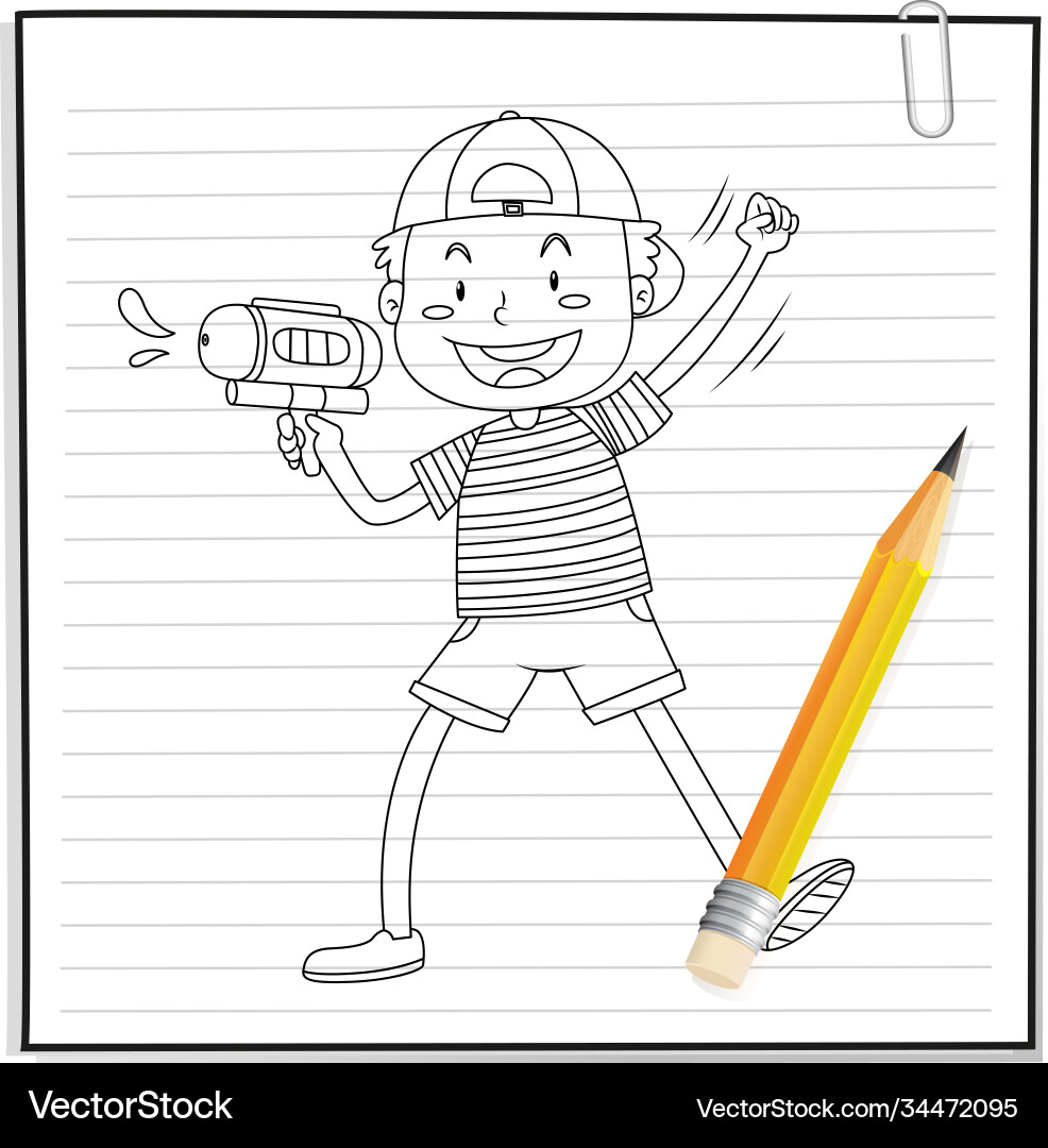 Hand writing boy with water gun outline Royalty Free Vector