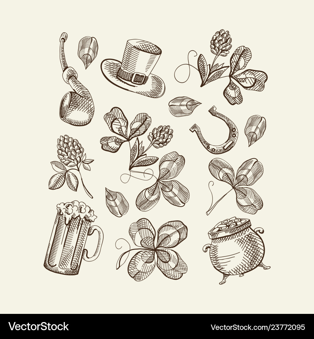 Sketch saint patricks day elements set Royalty Free Vector