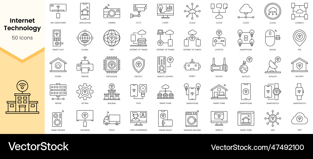 Simple outline set of internet technology icons Vector Image