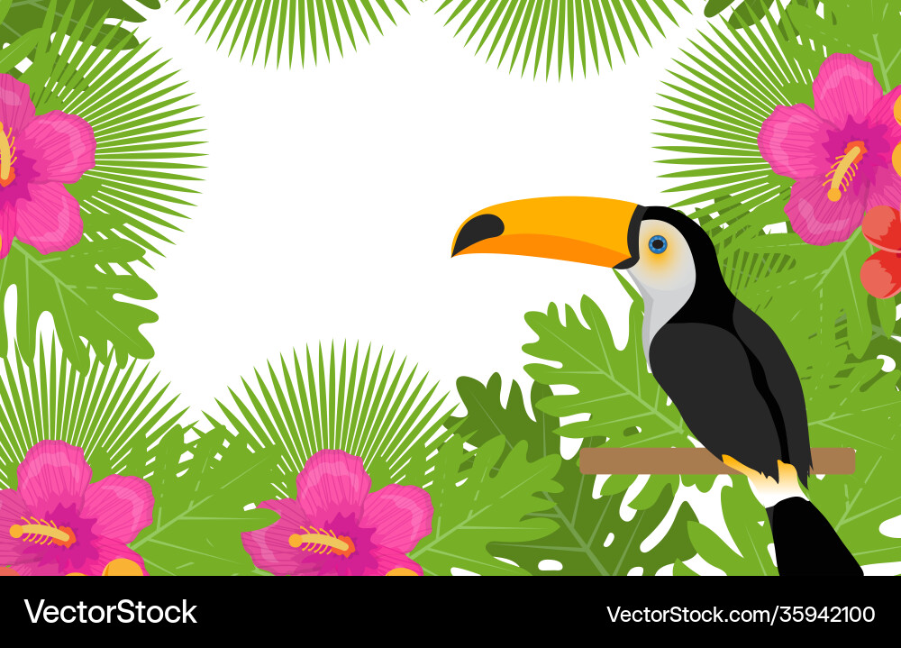 Tropical frame with flowers plants and bird Vector Image
