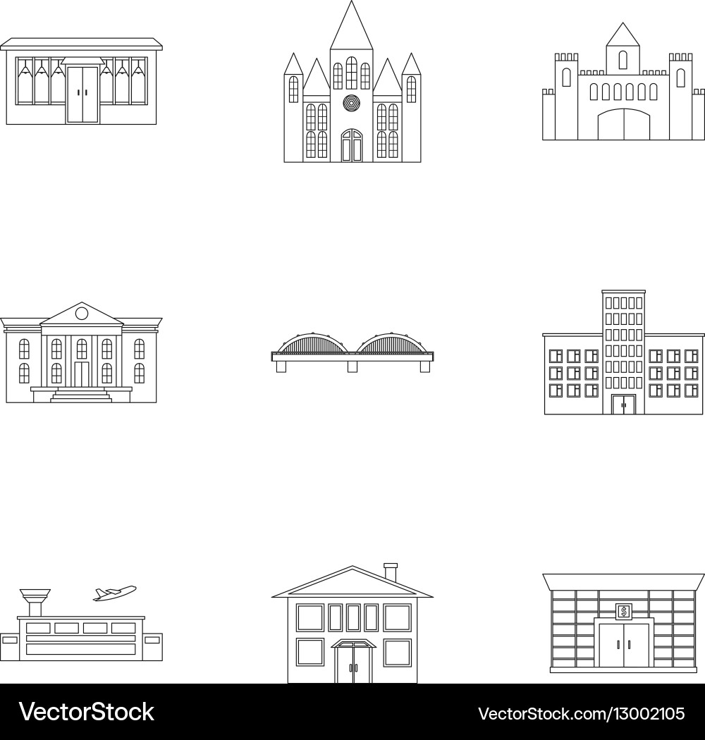 Building set icons in outline style big Royalty Free Vector