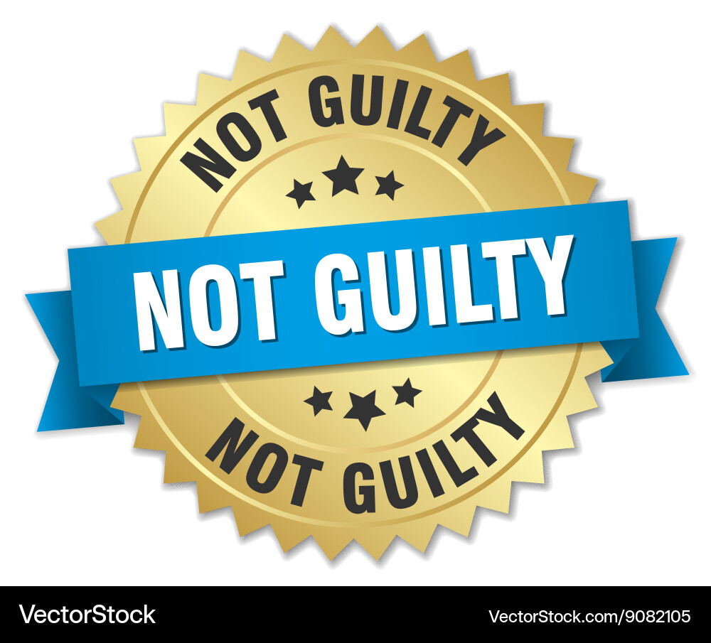Not guilty 3d gold badge with blue ribbon Vector Image