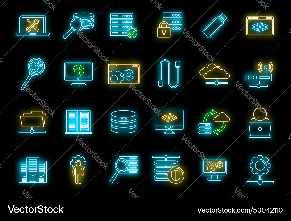 Company it administrator icons set neon Royalty Free Vector