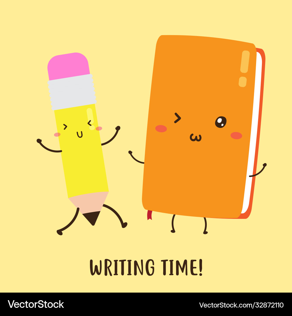 Cute happy book and pencils writing time design Vector Image