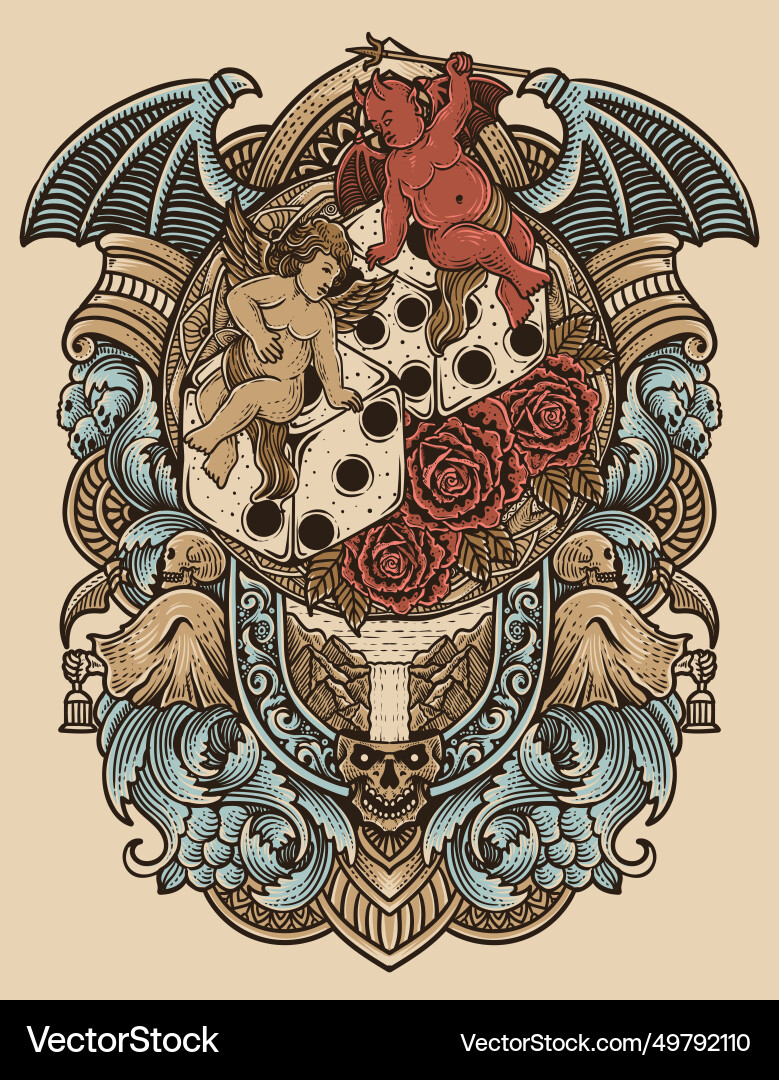 Hand drawn angel and demon sitting on dice with Vector Image