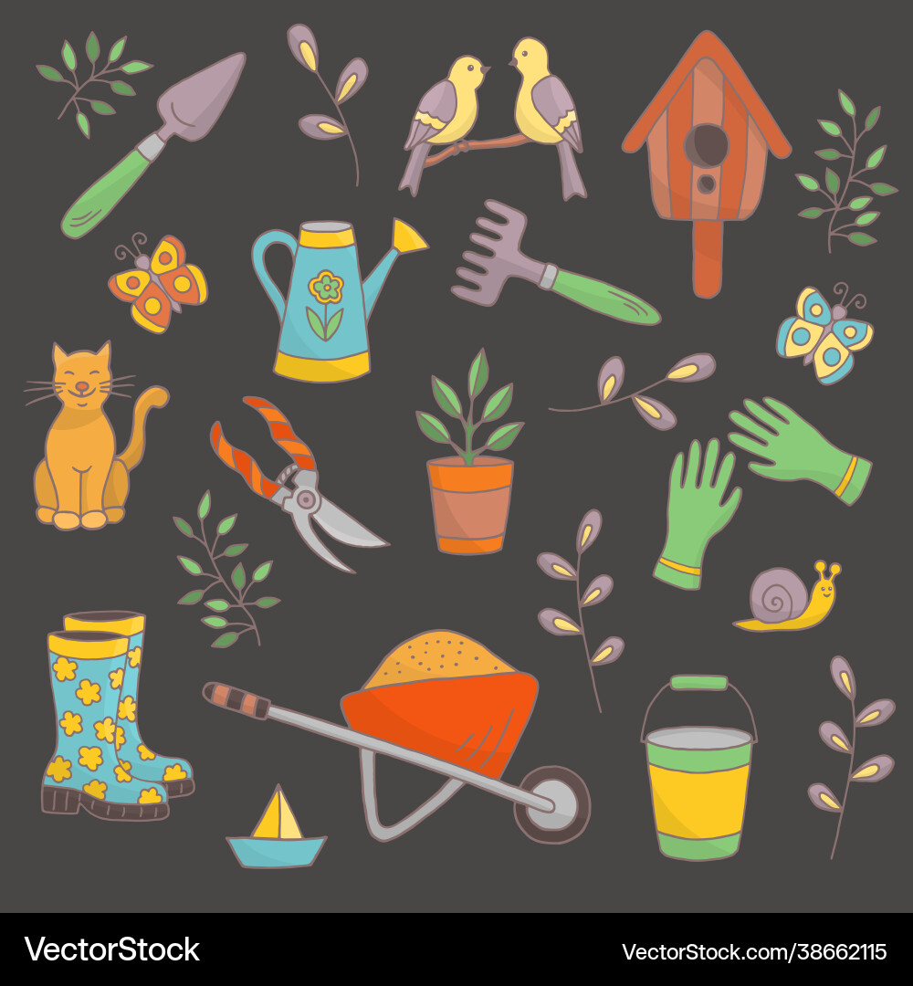 Set garden tools plants and animals on a dark Vector Image