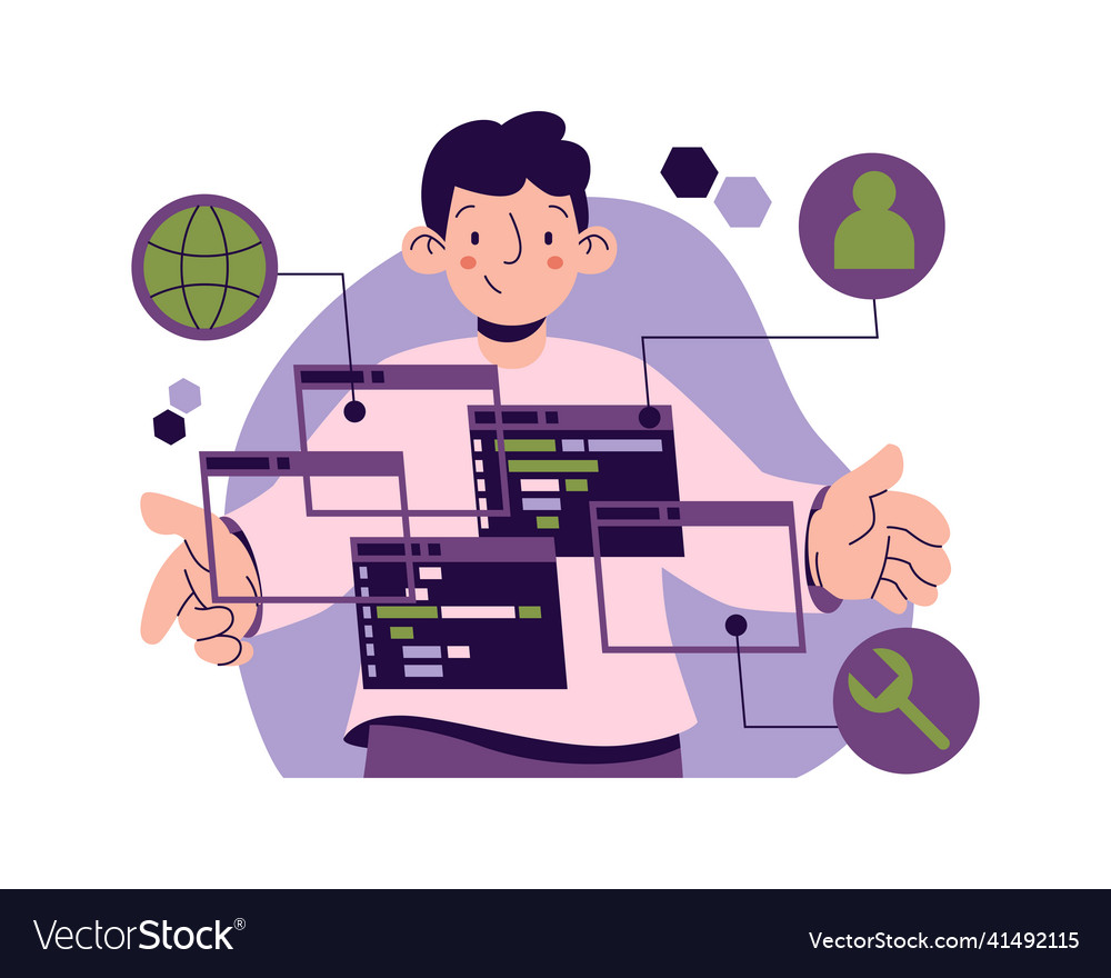 Work process software development man with tools Vector Image