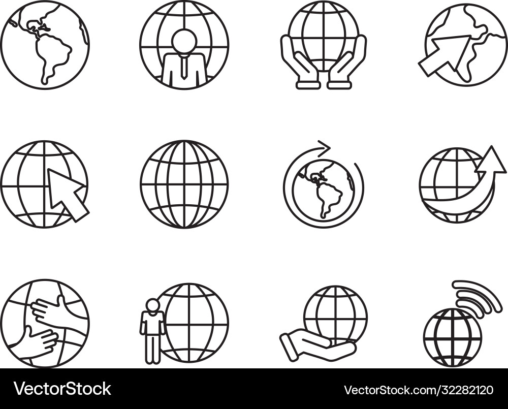Earth planet and global spheres icon set line Vector Image