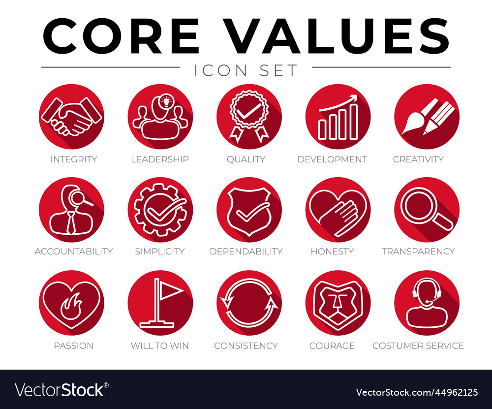 Company core values red round flat icon set Vector Image