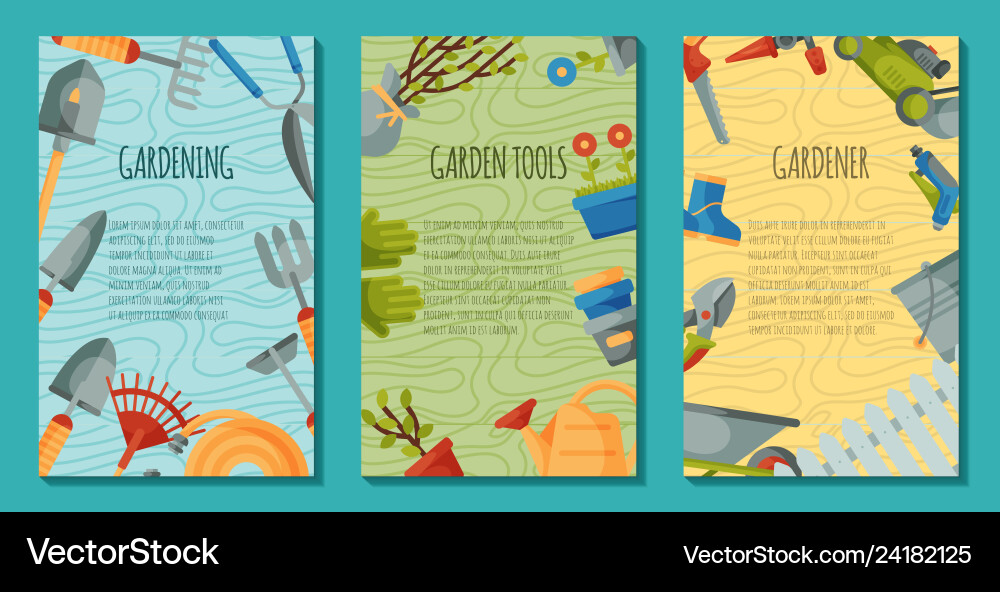 Garden tools set of posters or cards Royalty Free Vector