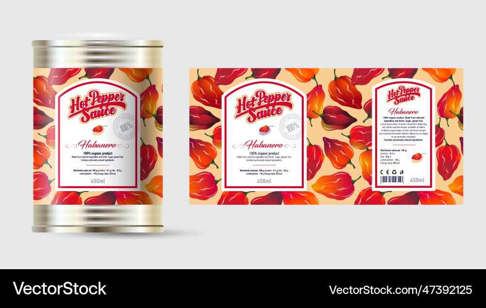 Habanero pepper sauce label packaging tin can Vector Image