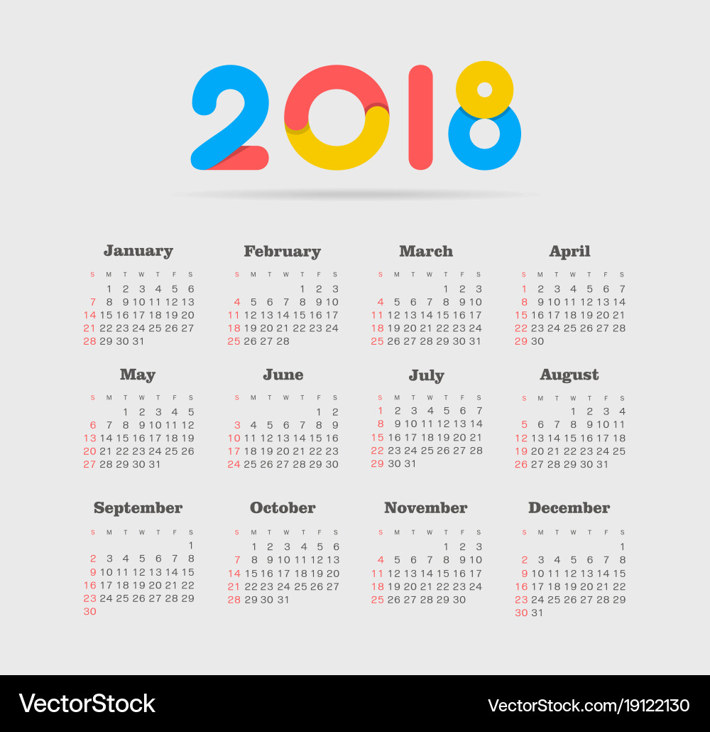 Calendar 2018 year week starts sunday Royalty Free Vector