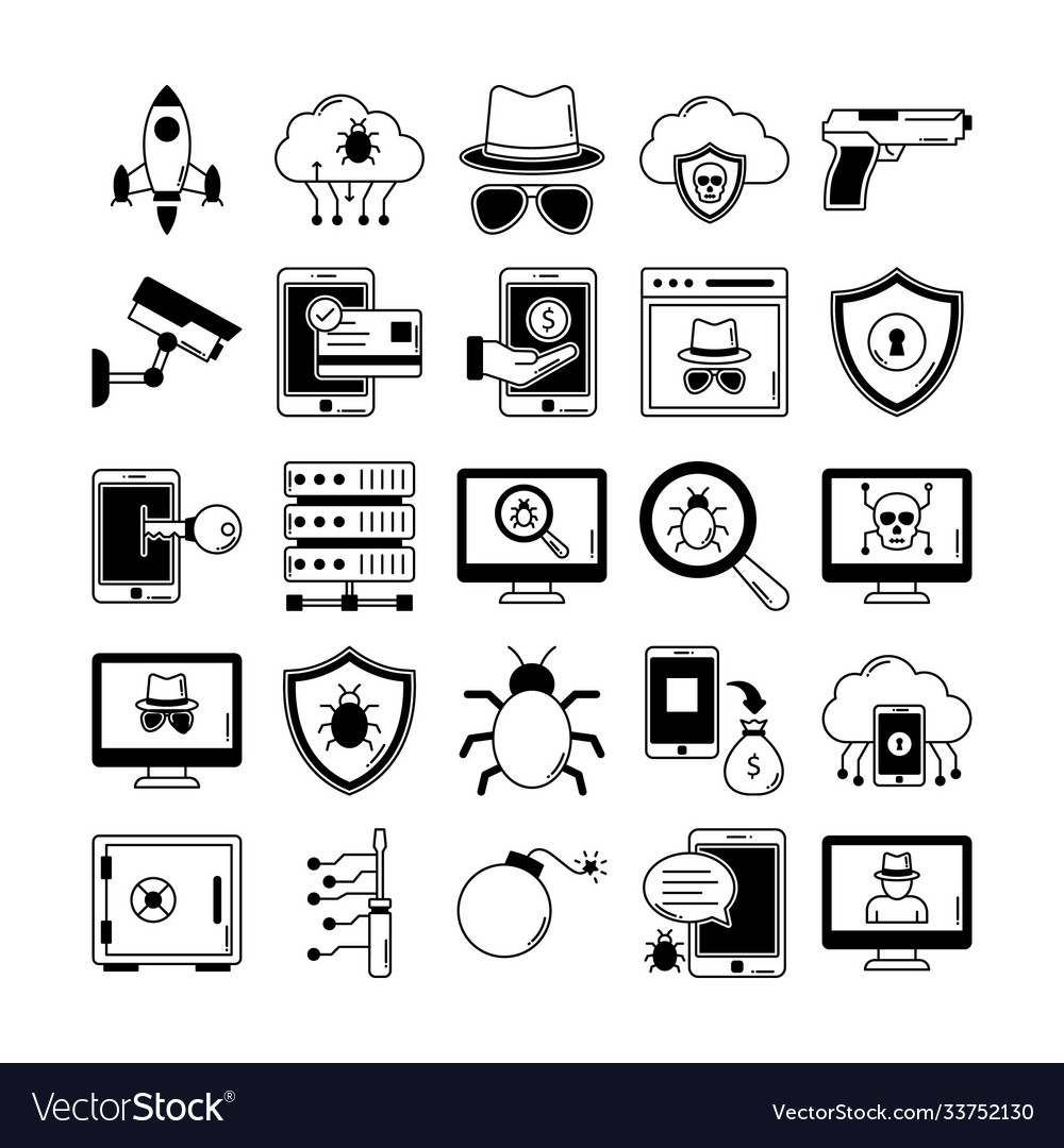 Cyber crime and hacking isolated icons set Vector Image