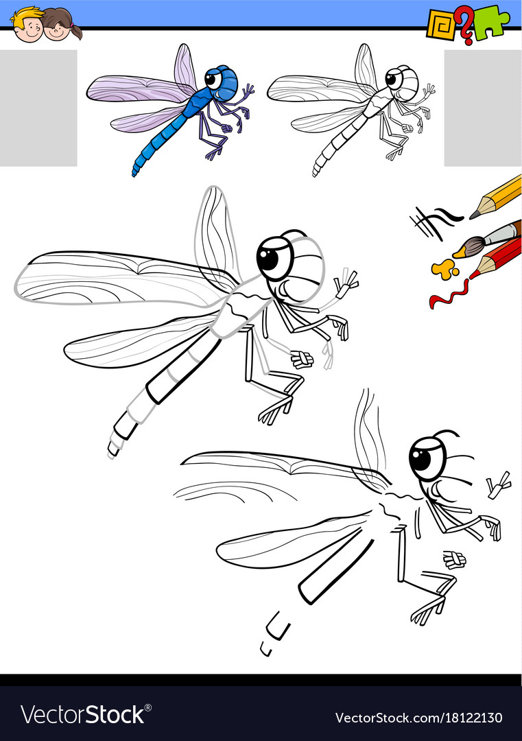 Drawing and coloring activity with dragonfly Vector Image