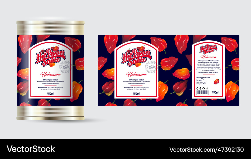 Habanero pepper sauce label packaging tin can Vector Image