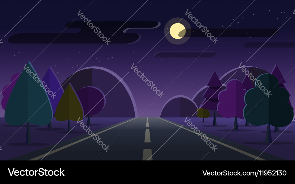 Night nature landscape road mountains forest Vector Image