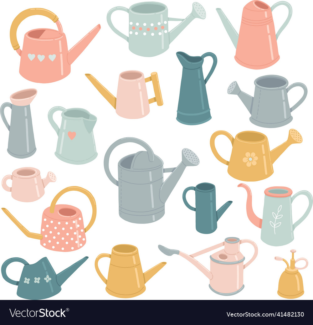 Spring set of watering cans in different colors Vector Image